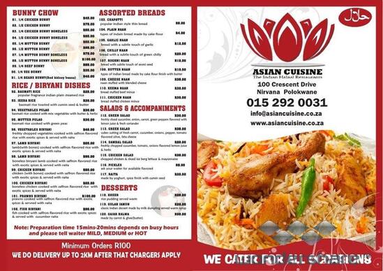 Menu at Asian Cuisine Nirvana restaurant, Polokwane