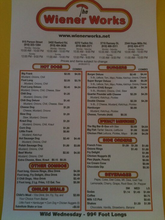Menu at Wiener Works restaurant, Fayetteville, Hope Mills Rd