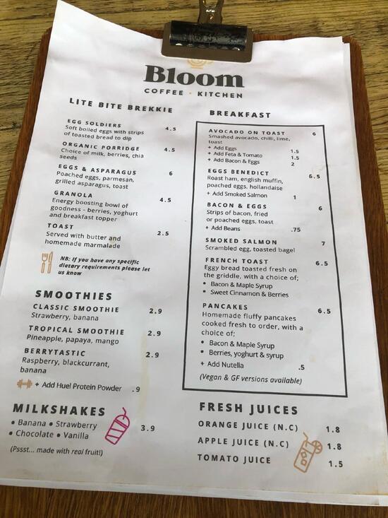 Menu at Bloom Coffee Kitchen cafe, Troon