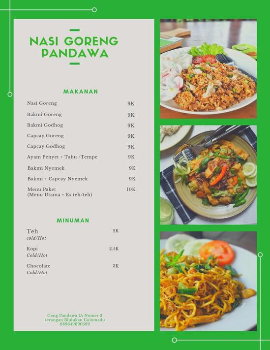 Menu at Nasi Goreng Pandawa restaurant, Blulukan