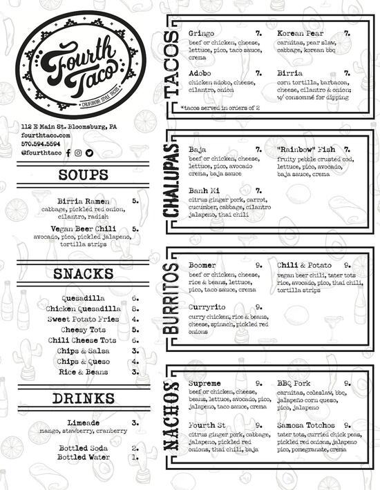 Menu at Fourth Taco restaurant, Bloomsburg
