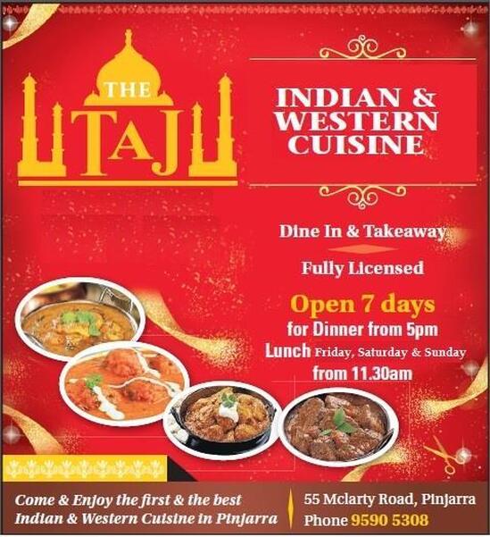 Menu at The Taj Restaurant Indian & Western Cuisine, Pinjarra