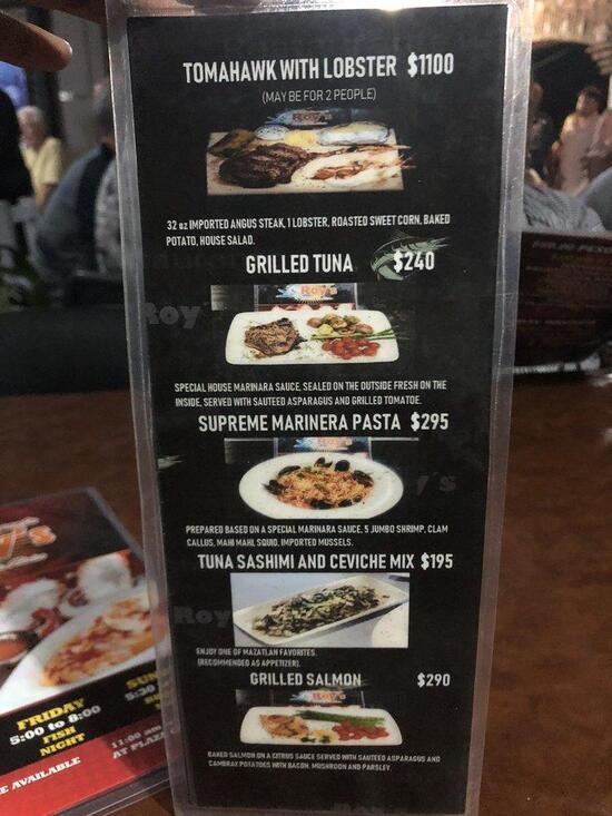 Menu at Roy's restaurant, Mazatlán