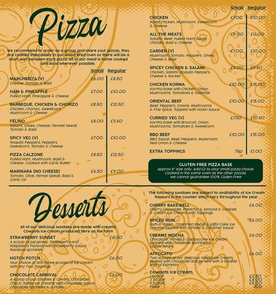 Menu at The Cowshed pizzeria, Whitland