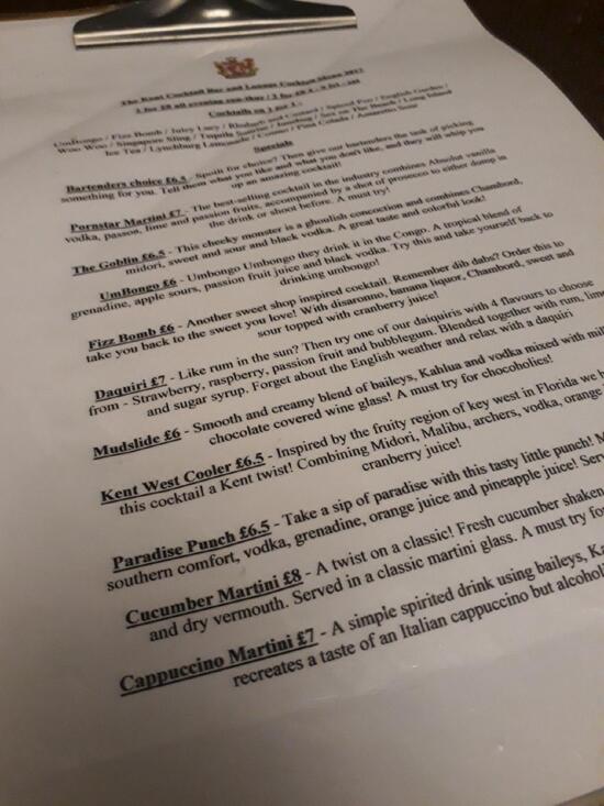 Menu at The Kent Cocktail Bar & Lounge, Gravesend