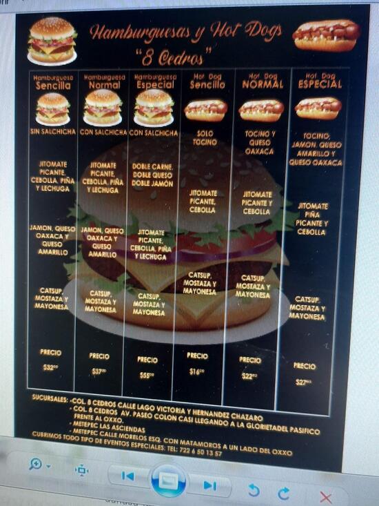 Carta del restaurante Hot Dogs y Hamburguesas, Toluca del Lerdo