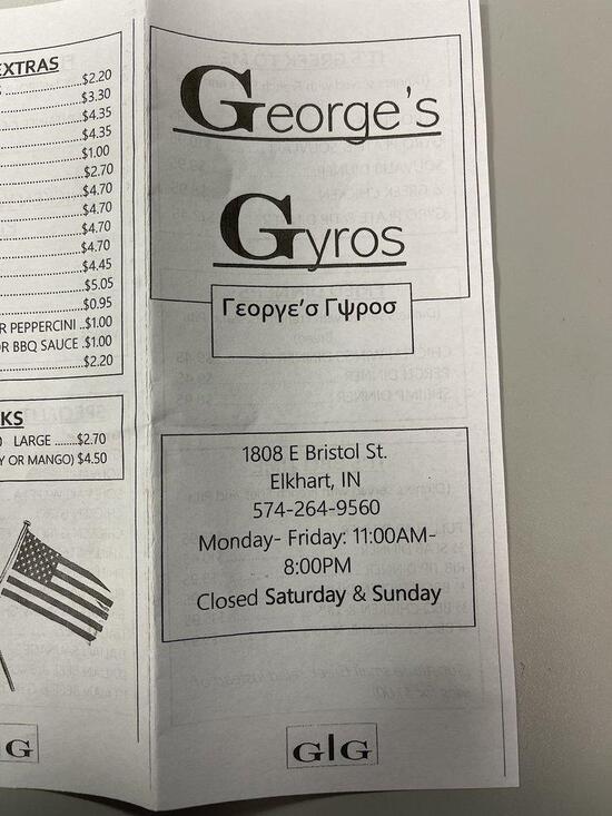 Menu at George's Gyros restaurant, Elkhart
