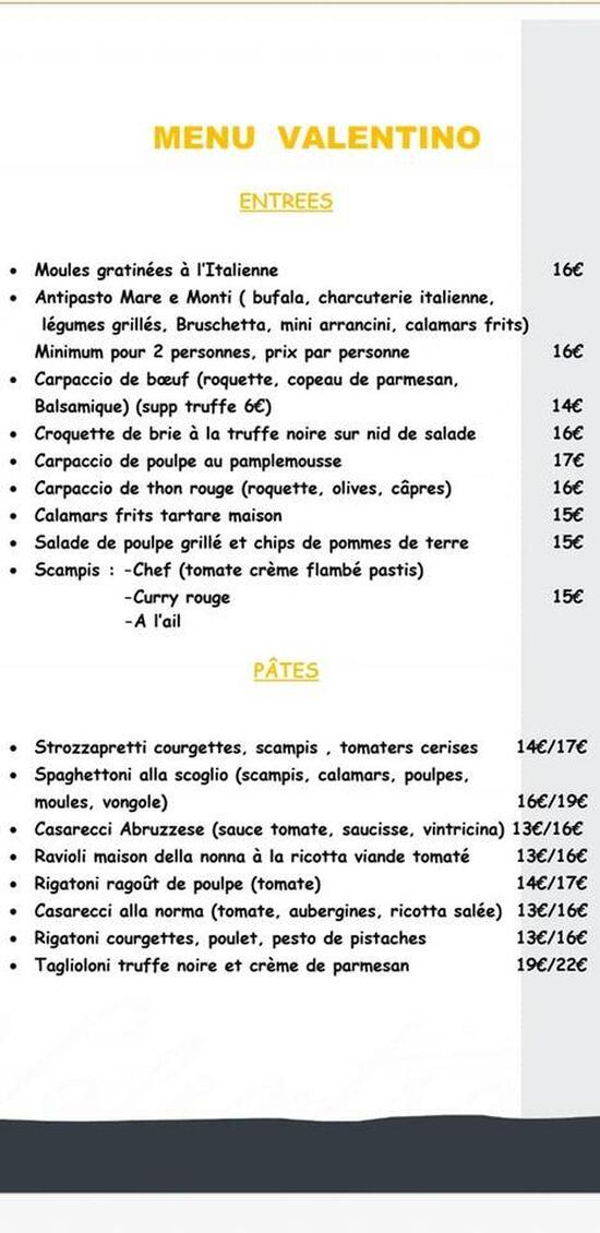 Menu au Ristorante Valentino, La Louvière