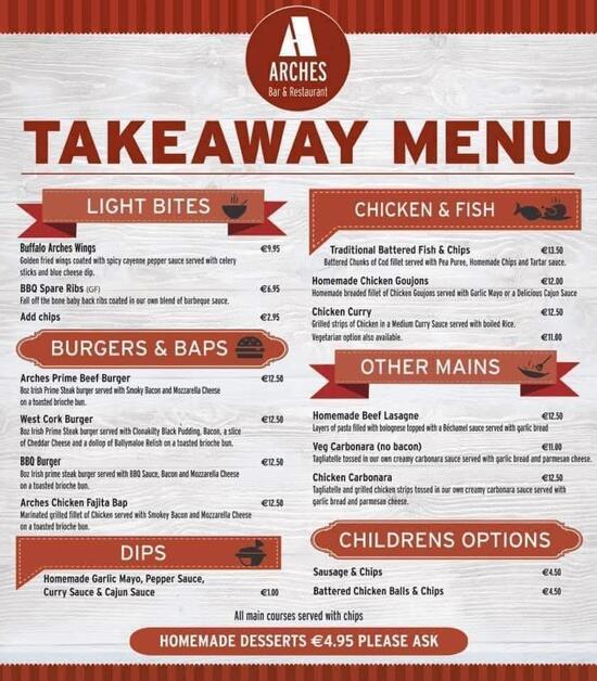 Menu at The Arches Bar & Restaurant, Mallow