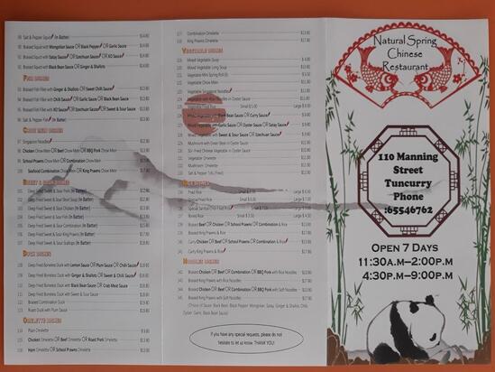 Menu at Natural Spring Chinese Restaurant, Tuncurry