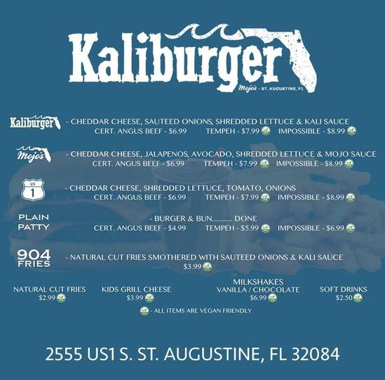 Menu at Kaliburger restaurant, St. Augustine