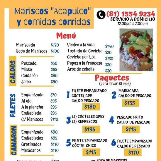 Menu at Mariscos restaurant, Monterrey, av acapulco no 308