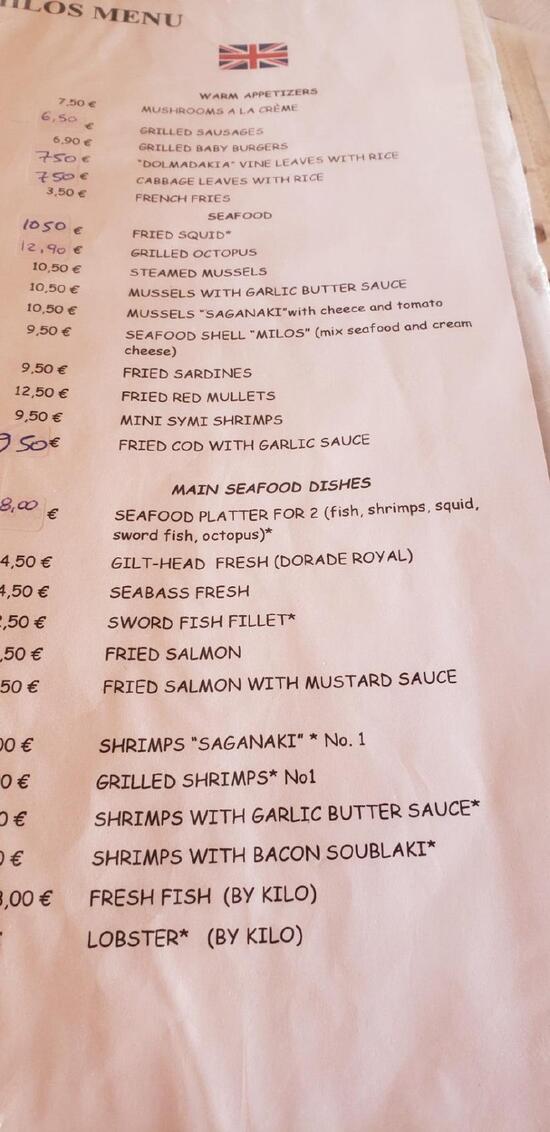 Menu at Restaurant Milos, Kalathos