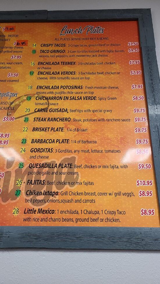 Menu at La Gringa Joshua restaurant, Joshua