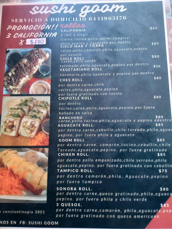 Menu at Sushi Goom restaurant, Ciudad Obregón