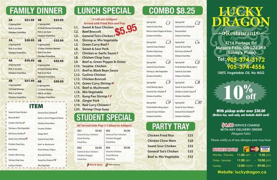 Menu at Lucky Dragon Restaurant, Niagara Falls