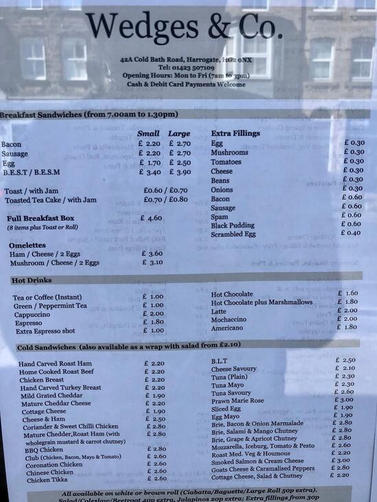 Menu at Wedges & Co fast food, Harrogate