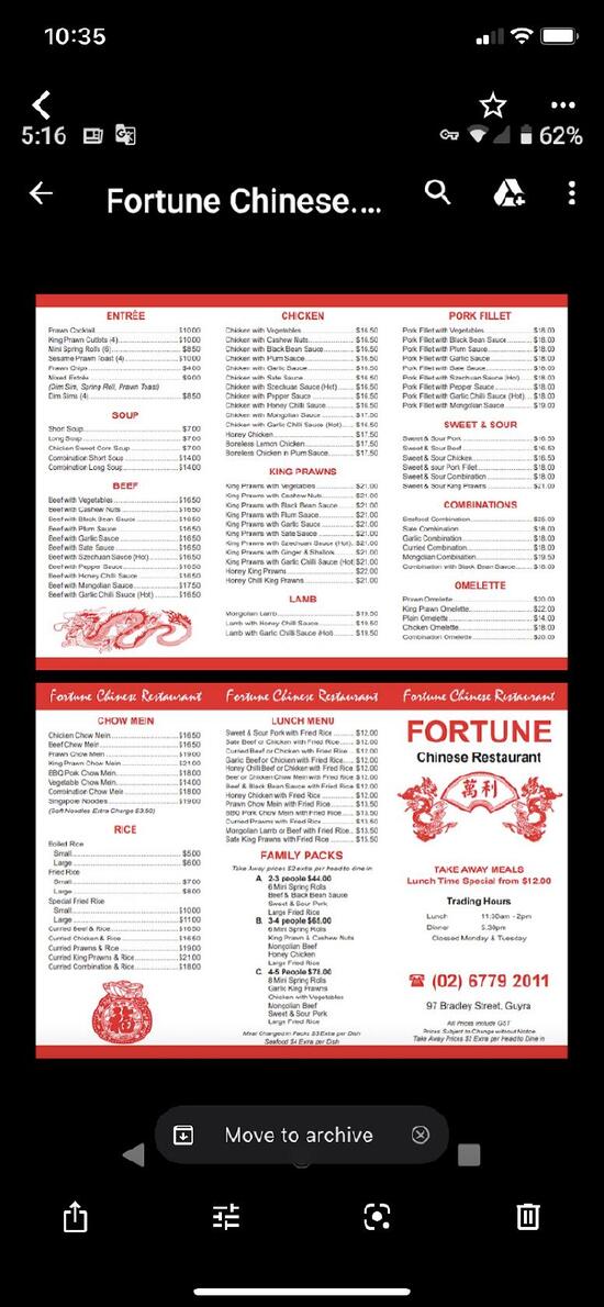 Menu at Fortune Chinese Restaurant, Guyra