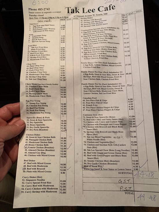 Menu at Tak Lee Café, Souris