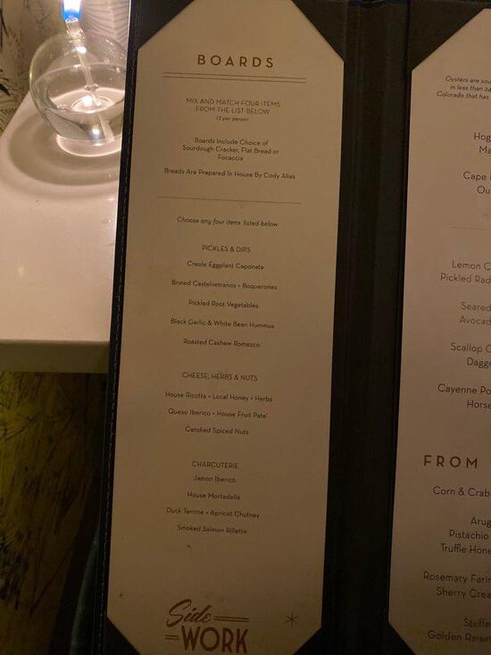 Menu at Side Work Restaurant, Telluride