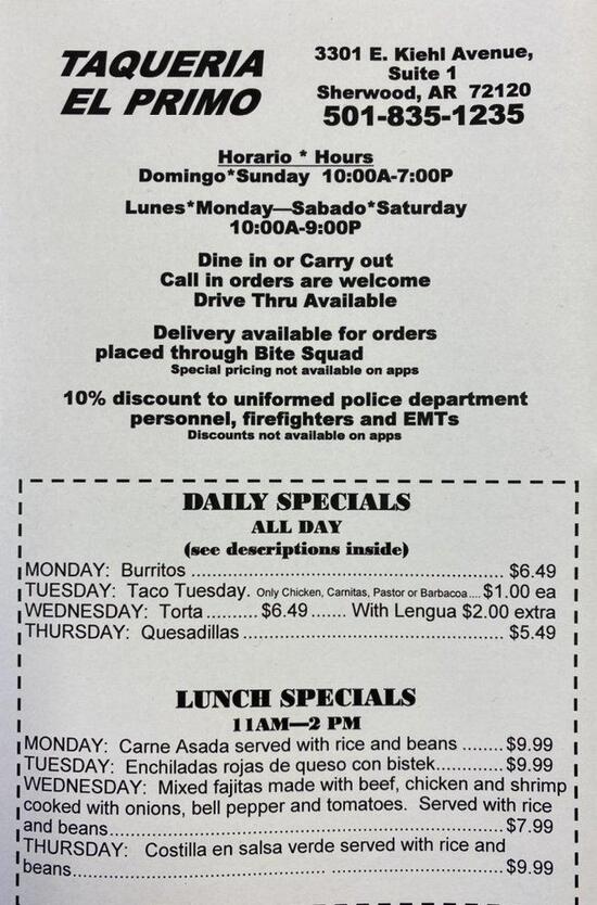 Menu at Taqueria El Primo restaurant, Sherwood