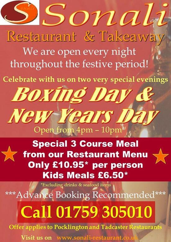 Menu at Sonali Pocklington restaurant, Pocklington