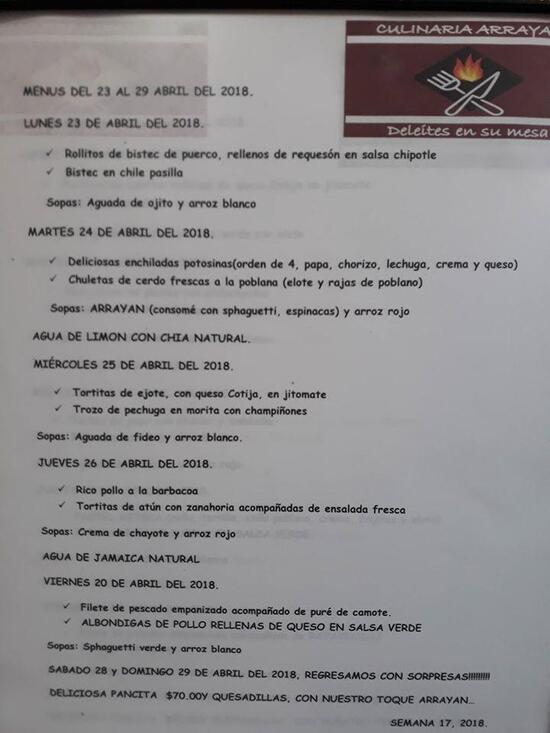 Menu at Culinaria Arrayan restaurant, Mexico City