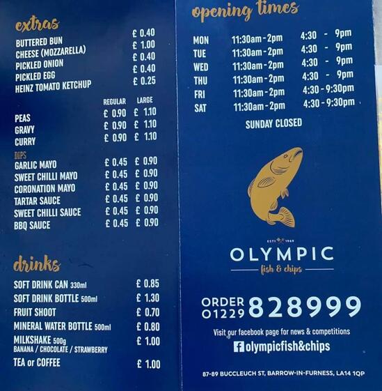 Menu at Olympic fast food, Barrow-in-Furness