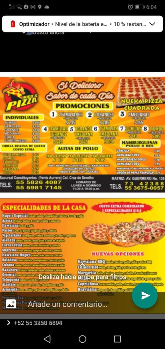 Carta del restaurante Pizzas Hugos, Jilotepec del Molina Enríquez