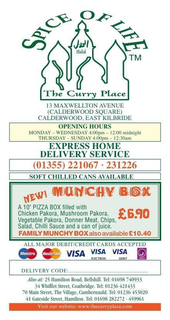 Menu at Spice Of Life fast food, Glasgow, 13 Maxwellton Ave