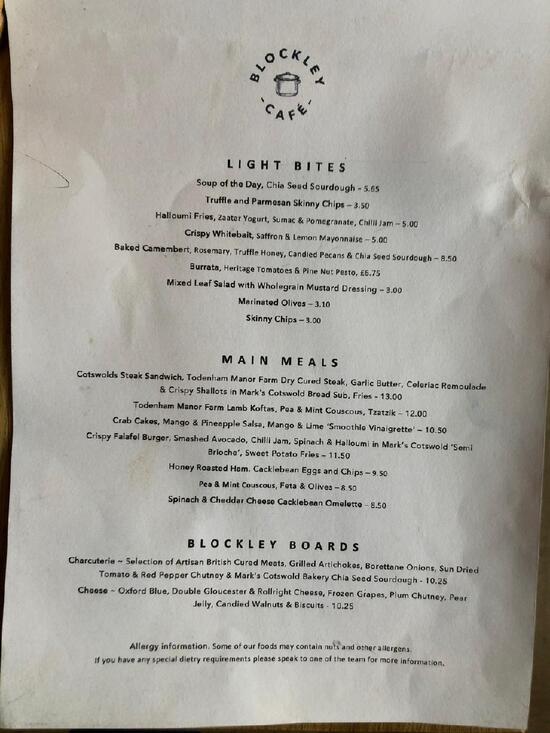 Menu at Blockley Village Shop restaurant, Blockley