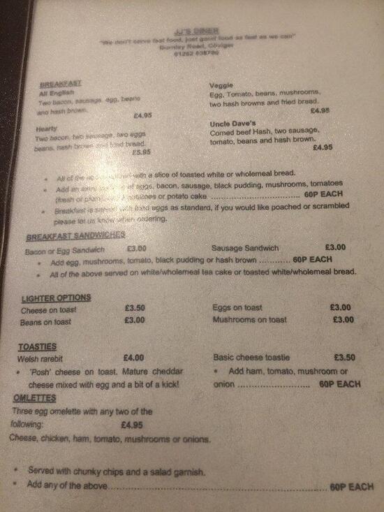 Menu at JJ’s Burnley at The Dugdale cafe, Burnley