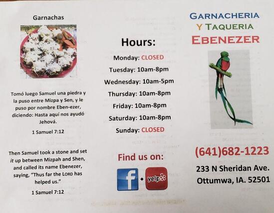 Menu at Garnacheria Y Taqueria Ebenezer restaurant, Ottumwa