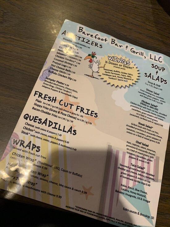 Menu at Barefoot Bar & Grill, West Leechburg