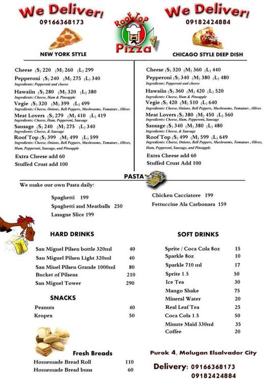 Menu at Roof Top Pizza pizzeria, Cagayan de Oro, FJMQ+QF5