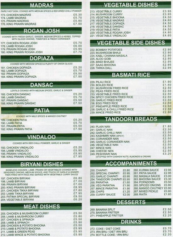 Fatima Indian Cuisine, Glenrothes - Restaurant menu, prices and reviews