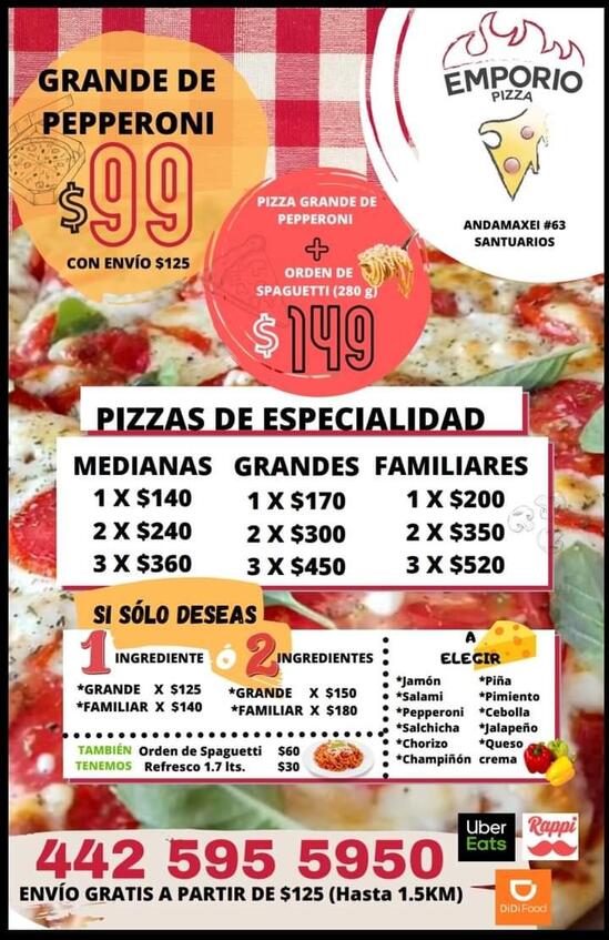 Menu at Emporio pizza restaurant, El Pueblito