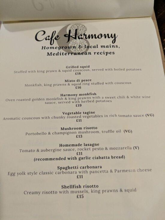 Menu at Cafe Harmony, Aberdeen