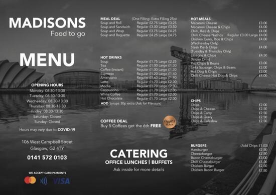 Menu at Madisons fast food, Glasgow, 106 W Campbell St
