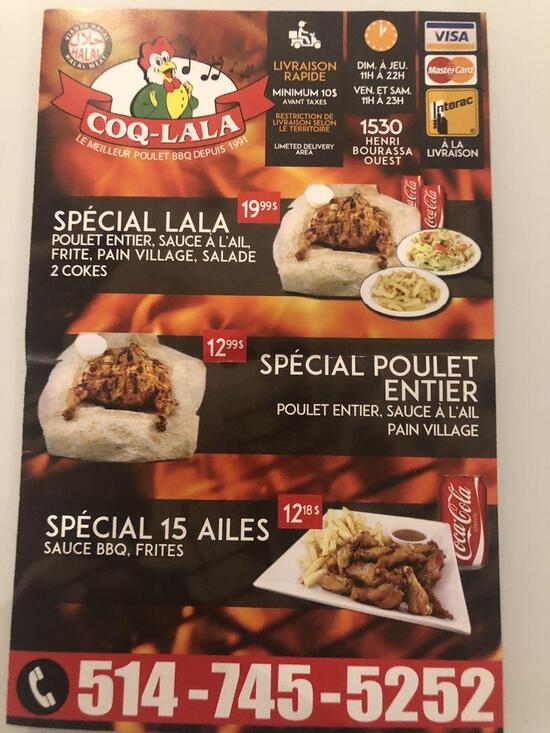 Menu au Coq La La Livraison Grillades restaurant, Montréal