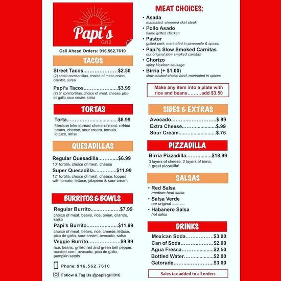 Menu at Papi's Grill, Sacramento