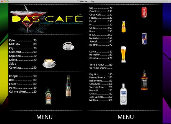 Menu at DAS cafe, Tirana, rruga e elbasanit perballe disco calvin