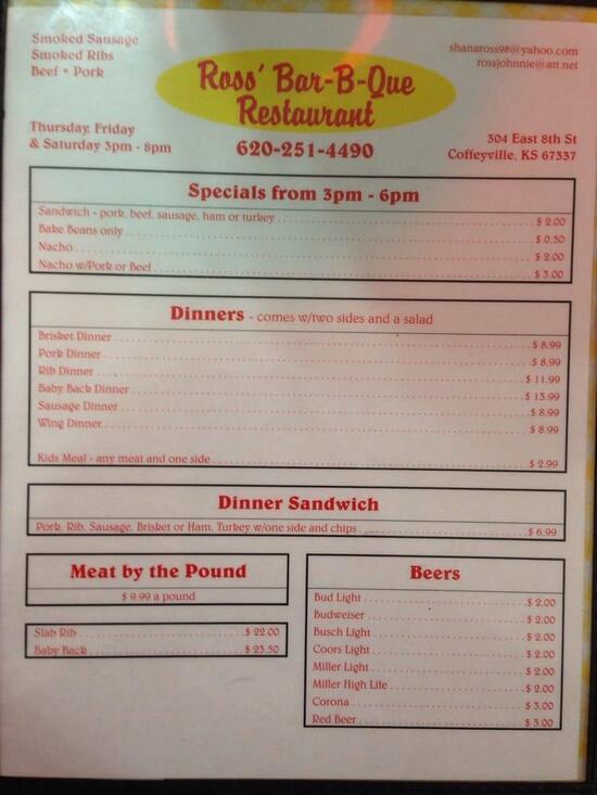 Menu at Ross's BBQ Restaurant, Coffeyville