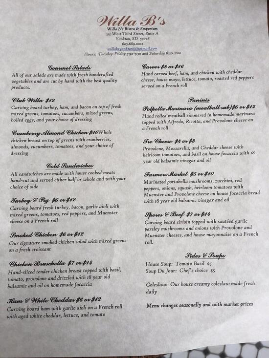 Menu at Willa B's cafe, Yankton