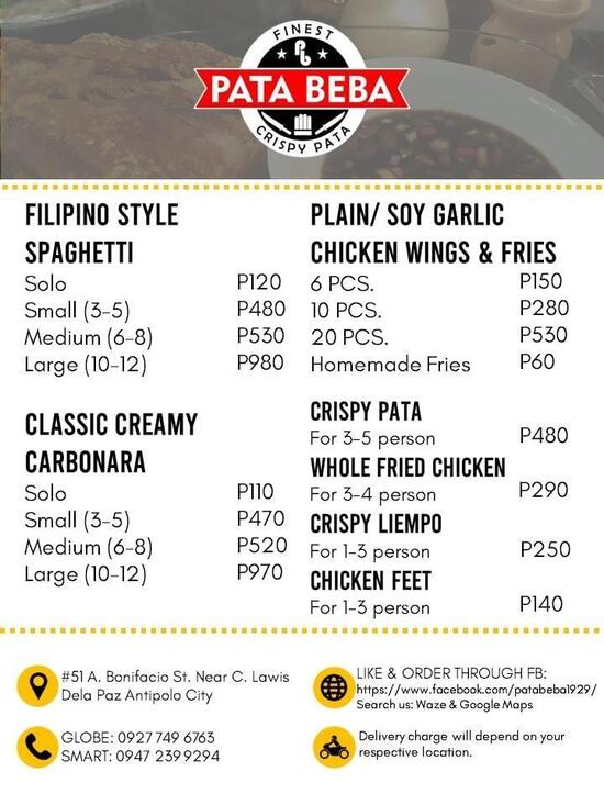 Menu at Pata Beba Crispy Pata restaurant, Antipolo