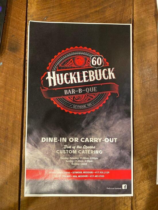 Menu at Hucklebuck 60 BBQ, Seymour