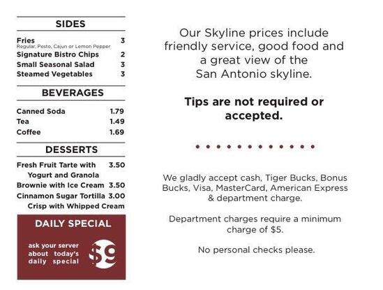 Menu at Skyline Room, San Antonio, Main Wing