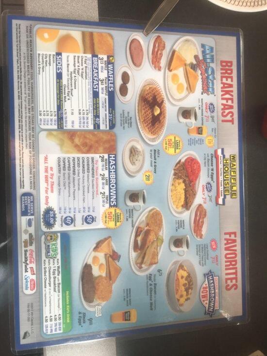 Menu at Waffle House restaurant, Lexington, Sunset Blvd