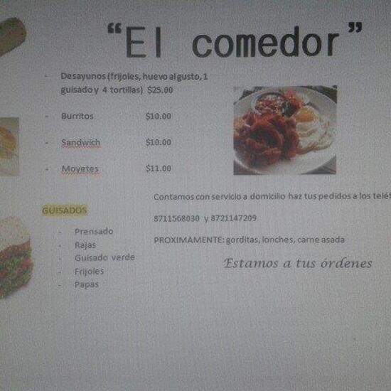 Menu at El Comedor restaurant, Francisco I. Madero