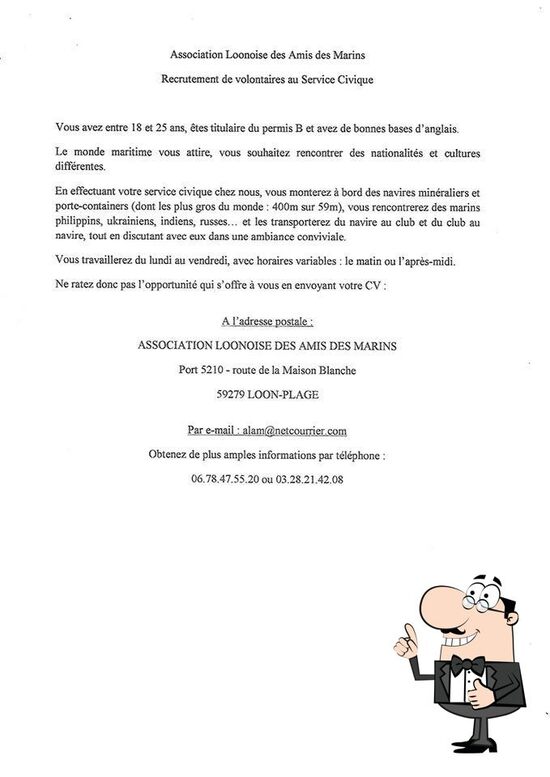 Menu au Seamen's Club Loon plage Les amis des marins, Loon-Plage